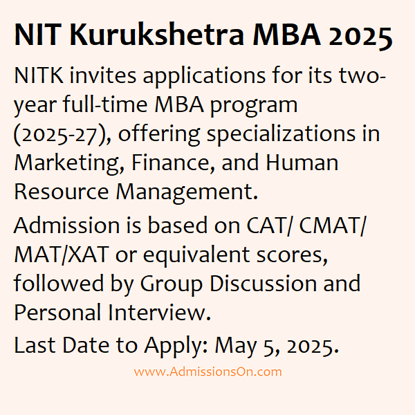 NIT Kurukshetra MBA 2025-27, Eligibility, Last Date to Apply